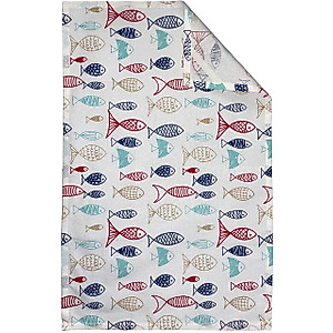 Set of 4, 100% Cotton, Coastal Nautical Fish Design, Kitchen Towel Set, Include 2 Kitchen Towels, 1 Pot Holder & 1 Ovenmitt