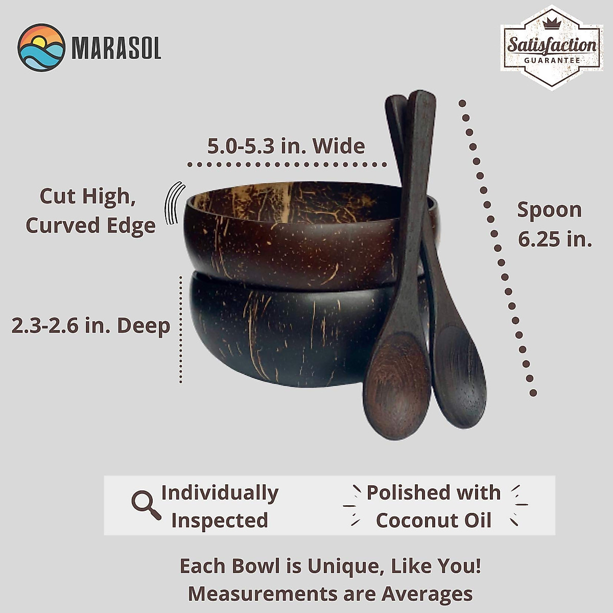 Marasol Coconut Bowls with Spoons 2x All Natural, Vegan | Smoothie Bowls, Acai | Gift Ready Packaging | Eco Friendly, Zero Waste | Handcrafted