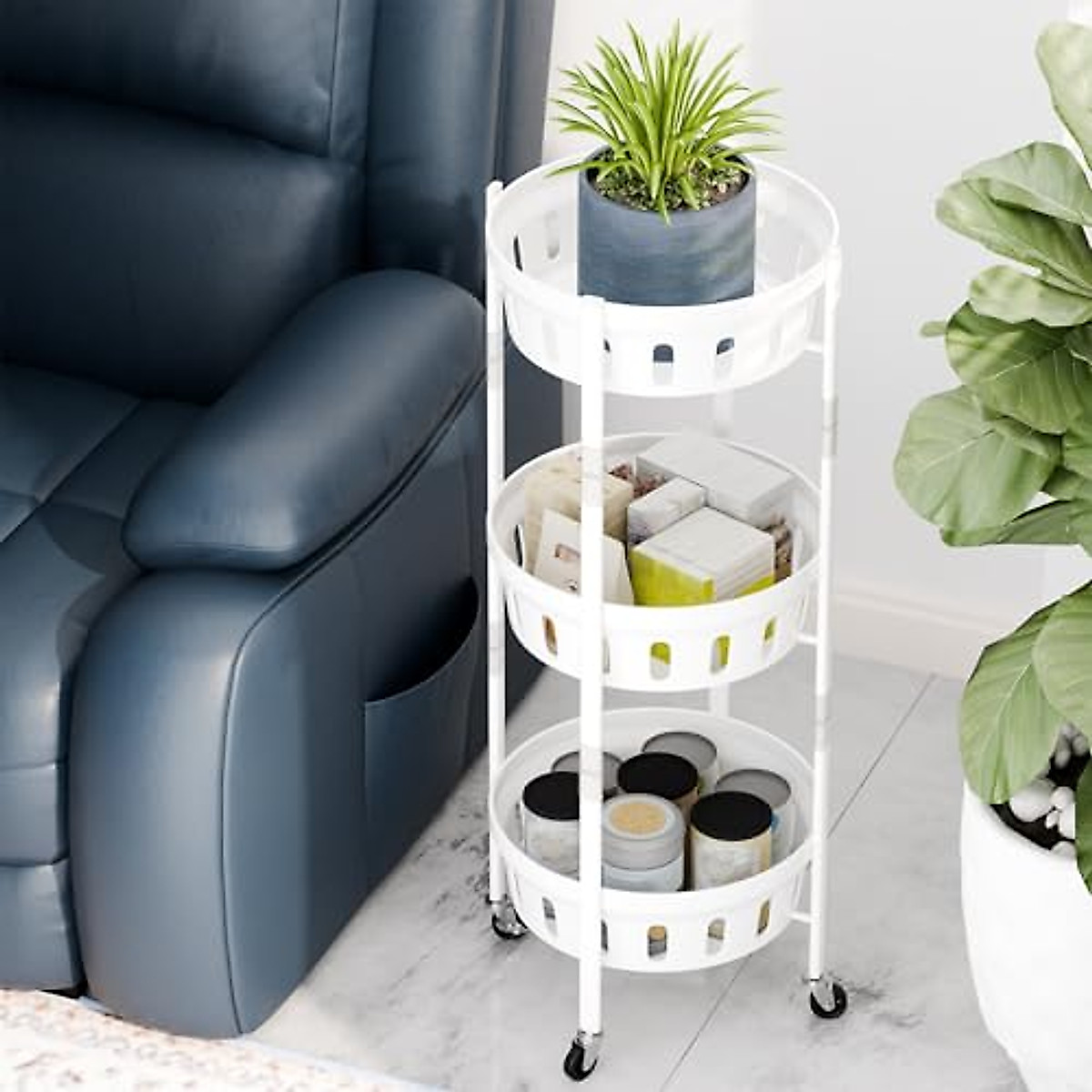 TOLUON Foldable Kitchen Storage Rack with Universal Wheels, 3 Tiers Large Capacity Smooth Sliding Vegetable Basket, Sturdy Construction No Installation Sundries Storage Shelf for Dorm Office White