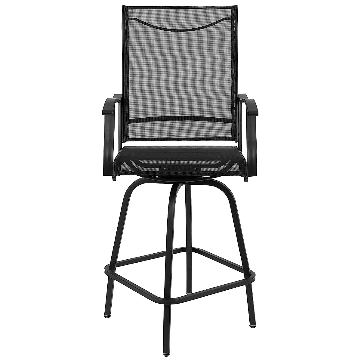 Flash Furniture Valerie Patio Bar Height Stools Set of 2, All-Weather Textilene Swivel Patio Stools with High Back & Armrests in Black