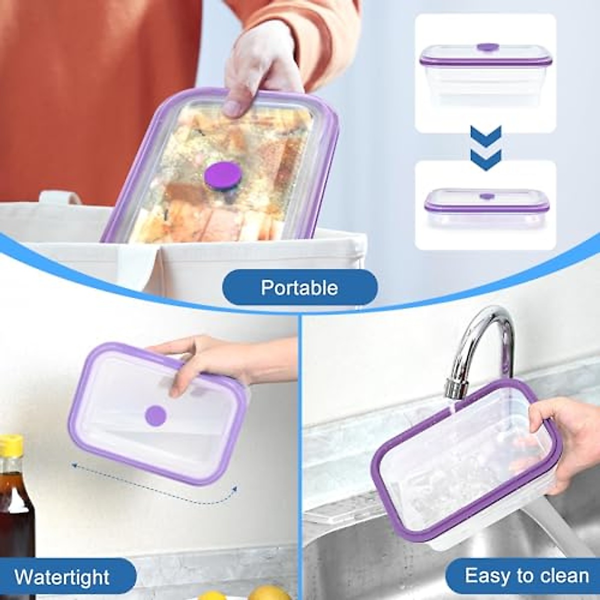 DERUI Collapsible Food Storage Containers, Premium Silicone, BPA Free,Microwave and Oven Safe Container with lids, For Travel, Camping or Baking 1200ml/40.6OZ(Purple,1Pack)