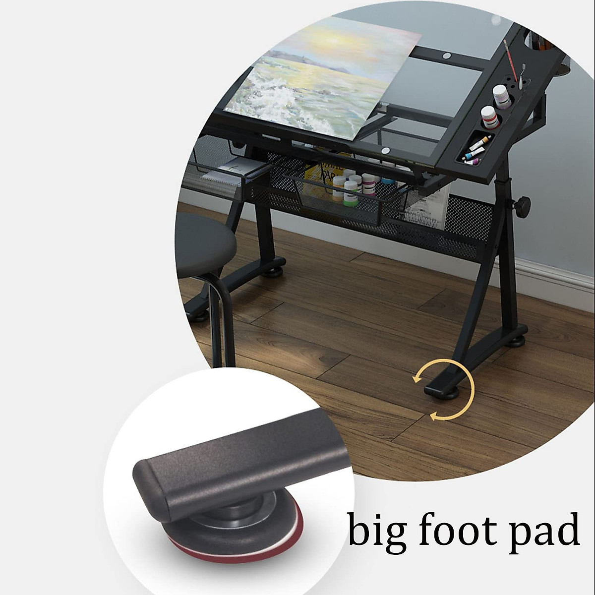 EESHHA Drawing Table Glass Drafting Table Art Desk, Height Adjustable Drawing Desk Art/Craft Desk Paintings Work Station W/ 2 Storage Drawers and Stool for Craft Station Studio Home Office School