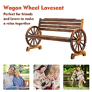 LOVIN&HUGIN Wagon Wheel Bench, Wooden Rustic Outdoor Patio Furniture, 3-Person Seat Bench with Backrest for Porch, Garden