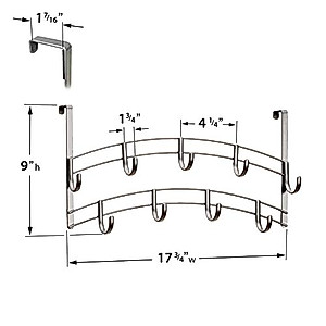 Lynk® Over Door Hook Rack - Scarf, Belt, Hat, Jewelry, Purse, Bra Hanger - 9 Hook Organizer Rack - Platinum