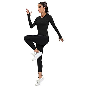 2 Pieces Women Long Sleeve Workout Shirt Seamless Workout Shirts with Thumb Holes Fitted Top Sports Yoga Athletic Shirt Top(Black, Gray, Medium)