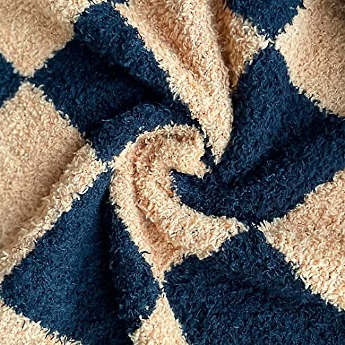 Fuzzy Checkered Throw Blanket Soft Cozy Lightweight Warm Reversible Blanket Preppy Aesthetic Decor for Couch,Chair,Sofa,Bed (Black/Camel, 51"x63")