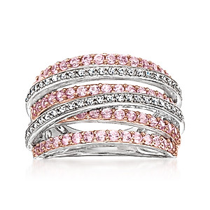Ross-Simons 1.00 ct. t.w. Pink Sapphire and .15 ct. t.w. Diamond Highway Ring in 2-Tone Sterling Silver. Size 7