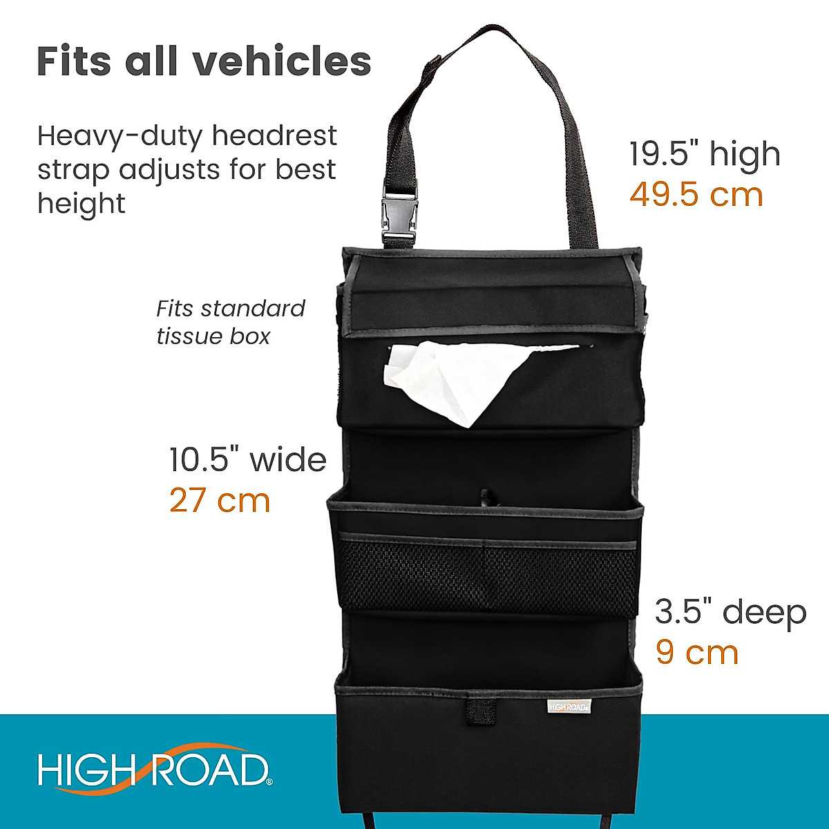 High Road Back of Seat Car Organizer with Tissue Box Holder and Multipurpose Car Storage Pockets for Car, SUV or Truck