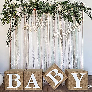 Burlap Print Baby Shower Boxes for Gender Reveal Party Gender Neutral Baby Shower Centerpiece Decor - 4 Pcs Burlap Grain Baby Cubes Baby Blocks with Letters, Rustic Baby Shower Decorations