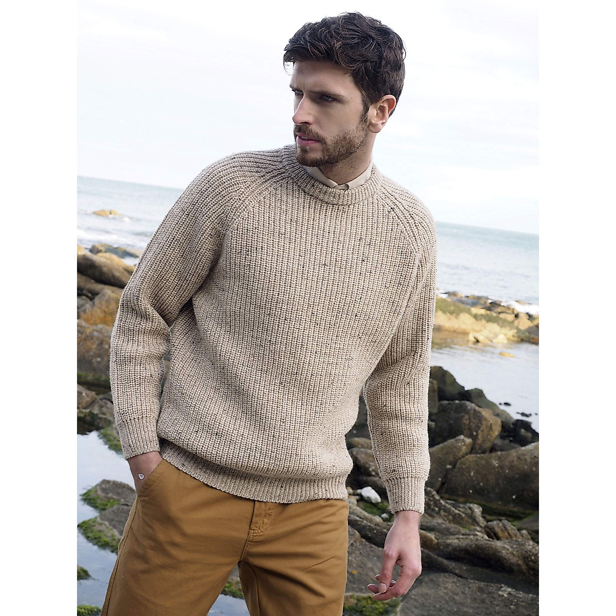 Aran Crafts Men's Fisherman Irish Rib Crew Neck Wool Sweater (C761-XL-SKI)