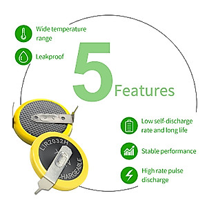 EEMB 5PCS LIR2032H Rechargeable Battery 70mah 3.7V Lithium-ion Coin Button Cell Batteries with Solder Tabs