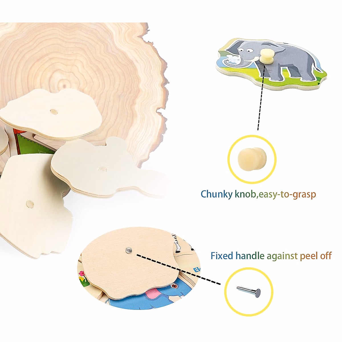 Wooden Peg Baby Puzzles, Full-Color Pictures Animal Shape Chunky Puzzle, Jumbo Knob Zoo Puzzle for Toddlers 18 Months and Up, 6Pieces