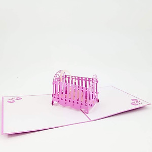 POP CARD EXPRESS Girl Baby Crib Pop Up Card, Pop Up Congrats Greeting Cards for Newborn Babies, Gifts for New Parents, Baby Shower Baby Crib Pop Up Card (Pink)
