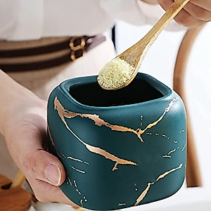 Dicunoy Ceramic Salt and Sugar Container, Condiment Jars with Lids and Spoons, Marble Seasoning Spice Pots Bowl, Pepper Sellar with Wooden Tray for Serving, Counter, Home, Kitchen