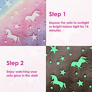 Kids Sofa Glow in The Dark Toddler Chairs Extra Wide 2 in 1 Fold Out Flip Open Baby Convertible Sofa to Lounger,2 Seats Soft Comfy Glowing Foldable Children Armchairs Kids Girls Boys Sofa Bed