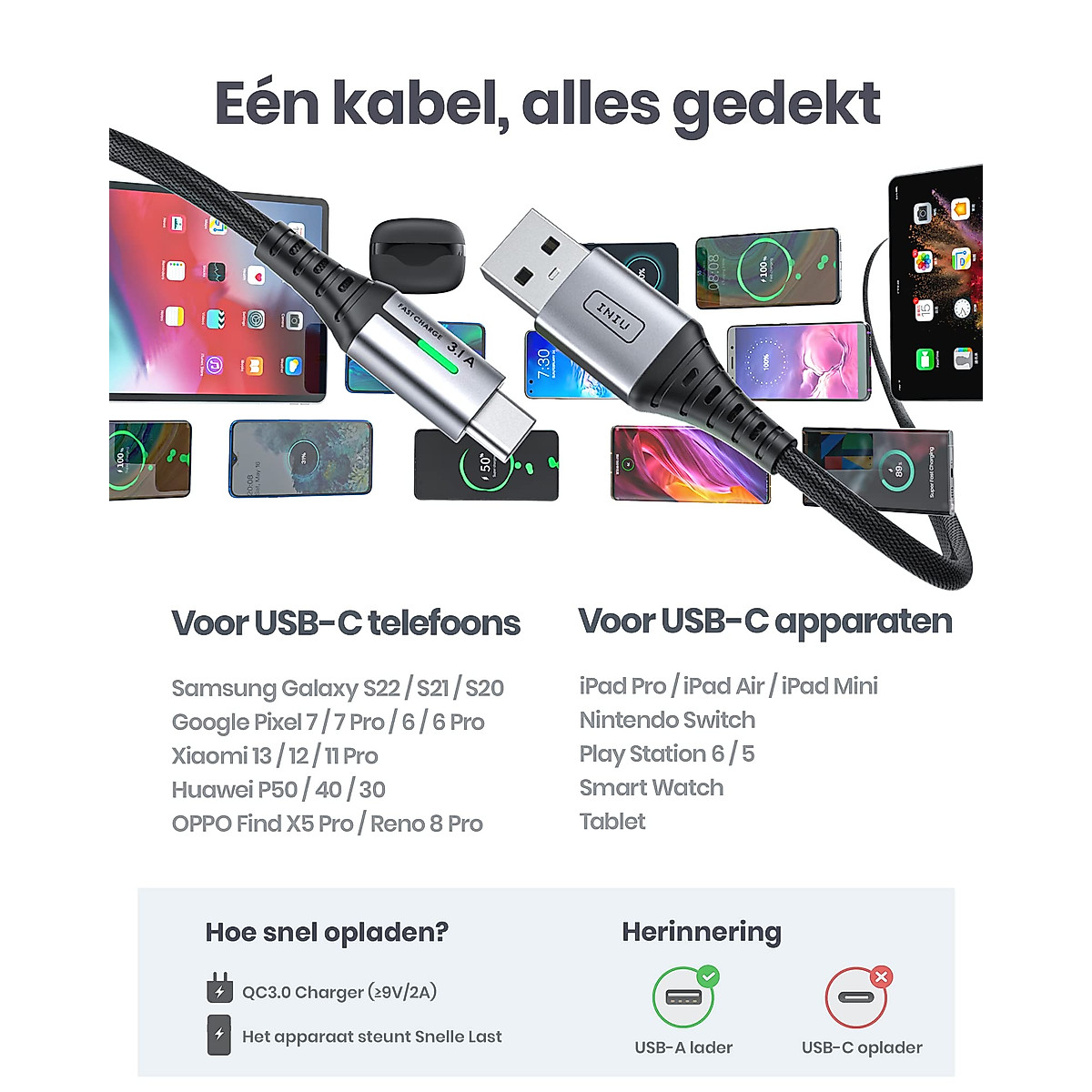 USB C Cable, INIU [5 Pack 3.1A] QC Fast Charging USB Type C Cable, Nylon(3.3+3.3+6.6+6.6+10ft) Phone Charger USB-C Cables for Samsung Galaxy S21 S20 S10 Plus Note 10 LG Google Pixel OnePlus Huawei etc