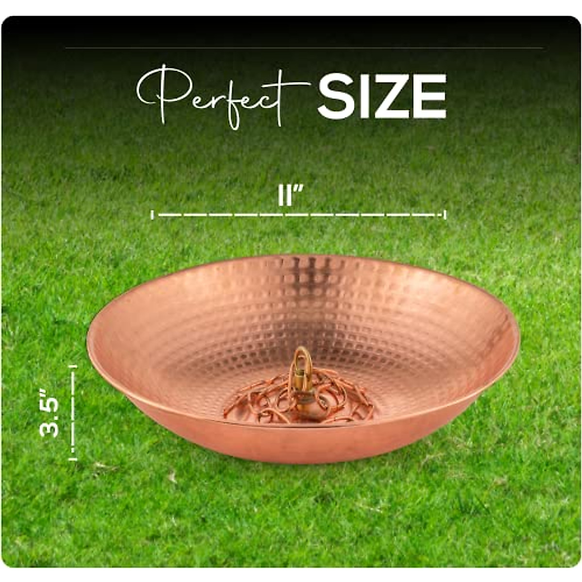 Marrgon Copper Anchoring Basin – Hammered Metal Bowl for Rain Chain Downspout Gutters – Beautiful Decorative Fountain Dish Display for Outdoor Garden, Lawn & Patio Water Feature – 11” Wide x 2” High