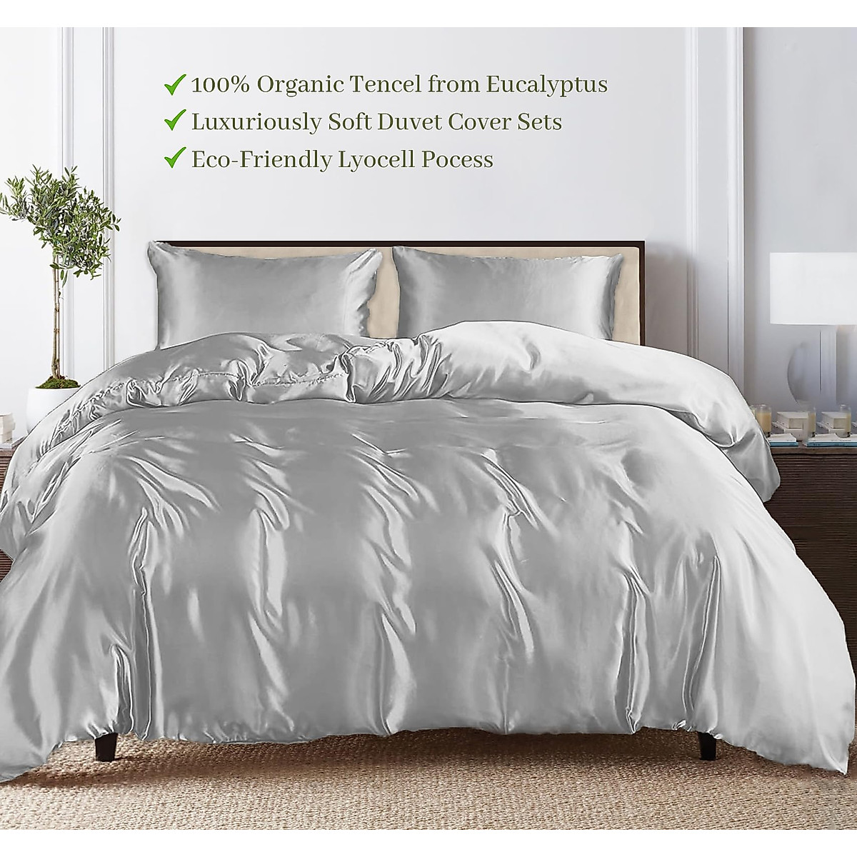 Linenwalas Tencel Lyocell Duvet Cover Set with Deep Pocket Fitted Sheet, Viscose Made from Eucalyptus Soft, Lightweight and Breathable Complete Bedding Set (Silver, King)