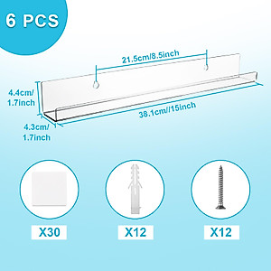 Oungy 6 PCS 15 Inch Clear Acrylic Shelves for Wall Floating Shelves Wall Mounted Invisible Wall Ledge Shelf Wall Bookshelves Clear Storage Shelves for Bedroom Bathroom Living Room