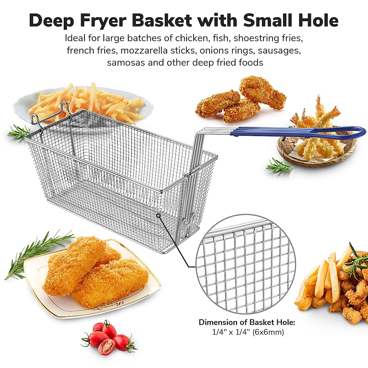 WeChef 2Pcs Deep Fryer Baskets with Non-slip Handle 13" x 6 5/16" x 5 7/8" Nickel Plating Heavy Duty Construction Deep Fryer Basket for Commercial Restaurant Kitchen Blue