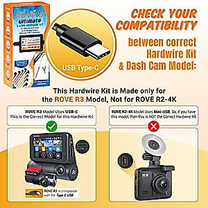 Dash Cam Hardwire Kit, USB Type C, for ROVE R3 Touch Screen 3 Channel Dash Camera