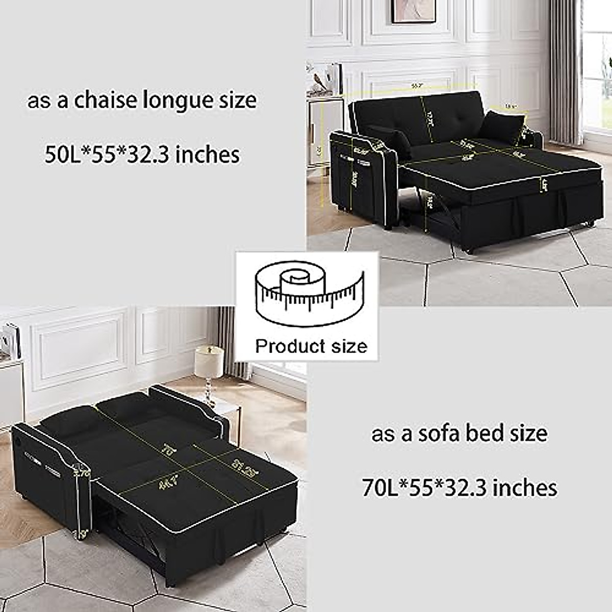 3 in 1 Convertible Sofa Bed with USB Ports, 55'' Velvet Comfy Loveseat Sleeper Sofa Couch With Cup Holders, Pull Out Couch Bed Sleeper Sofa with Storage, Living Room Furniture Set with Pillows (Black)
