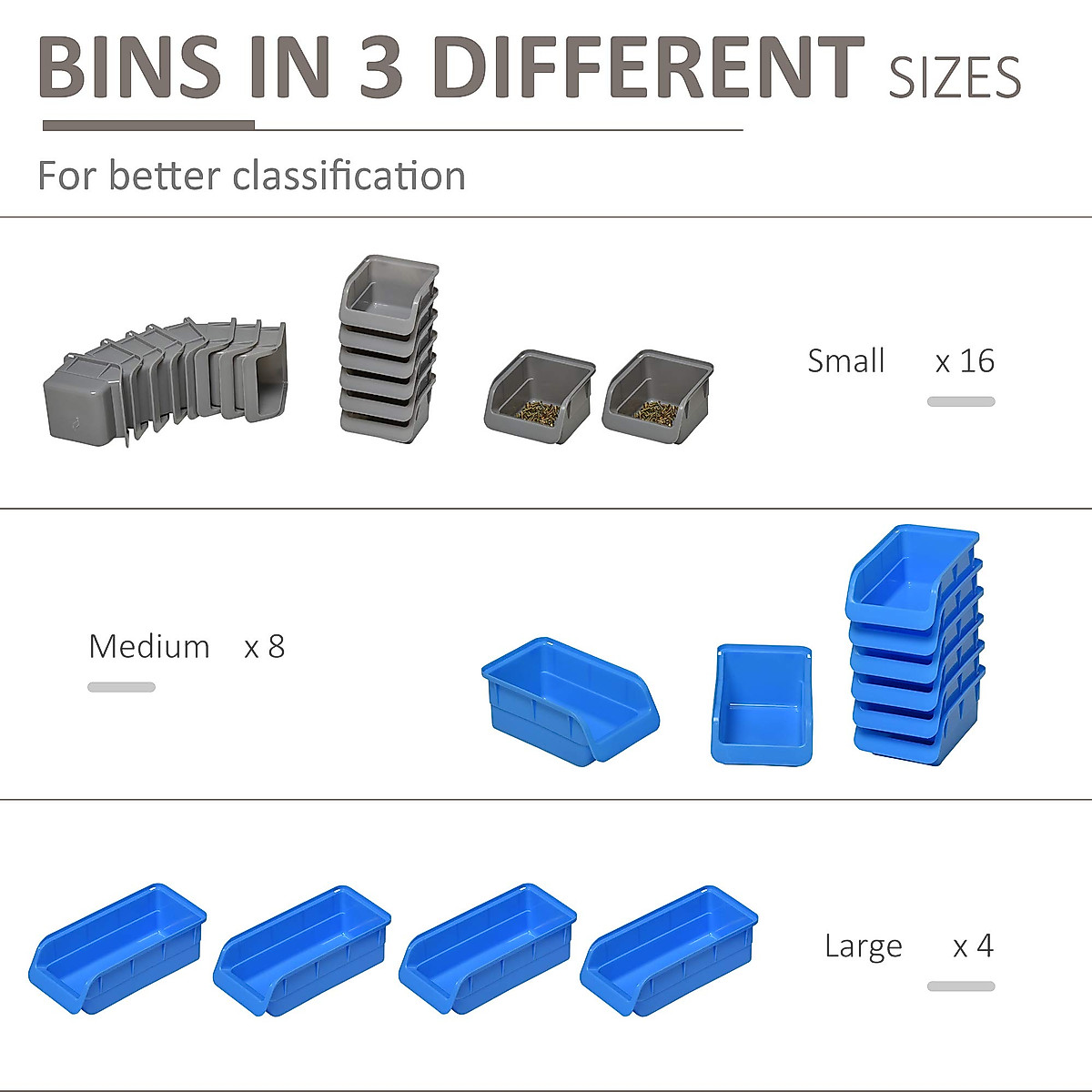 DURHAND 44 Piece Wall Mounted Pegboard Tool Organizer Rack Kit with Various Sized Storage Bins, Pegboard, & Hooks, Blue