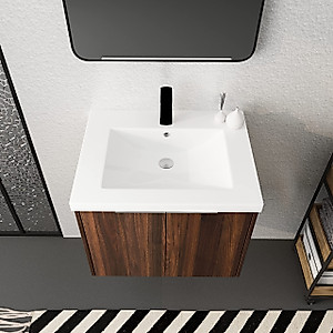 24-Inch Wall Mounted Bathroom Vanity with Sink Combo Modern Single Bathroom Vanity Set with Top Resin Sink & Storage Cabinet Wood Hanging Bath Cabinet w/Resin Sink for Bathroom (Walnut-24 Inch)
