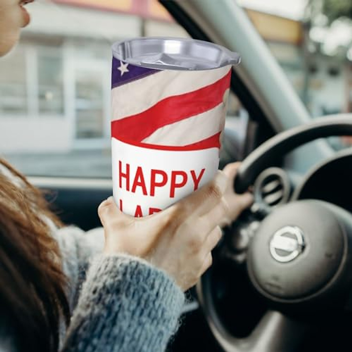 Happy Labor Day Tumbler with Lid and Straw 20oz Stainless Steel Car Cup for Hot and Cold Drinks, Double Wall Insulated Travel Coffee Mug Reusable Drink Thermos Cup Birthday Gifts