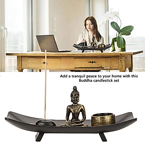 Buddha Statue Zen Garden Buddha Statue Tabletop Buddhism Feng Shui Ornament with Bronze Tealight Candle & Incense Burner Holder for Home Office Yoga Room Decoration