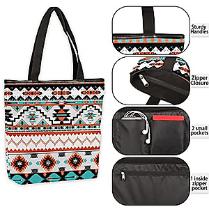 Ethnic Aztec Canvas Tote Bag, Eco Friendly Reusable Grocery Shopping Bags Beach Bag Book Tote Handbags Washable Shoulder Bag With Zipper Inner Pocket for Women Girls