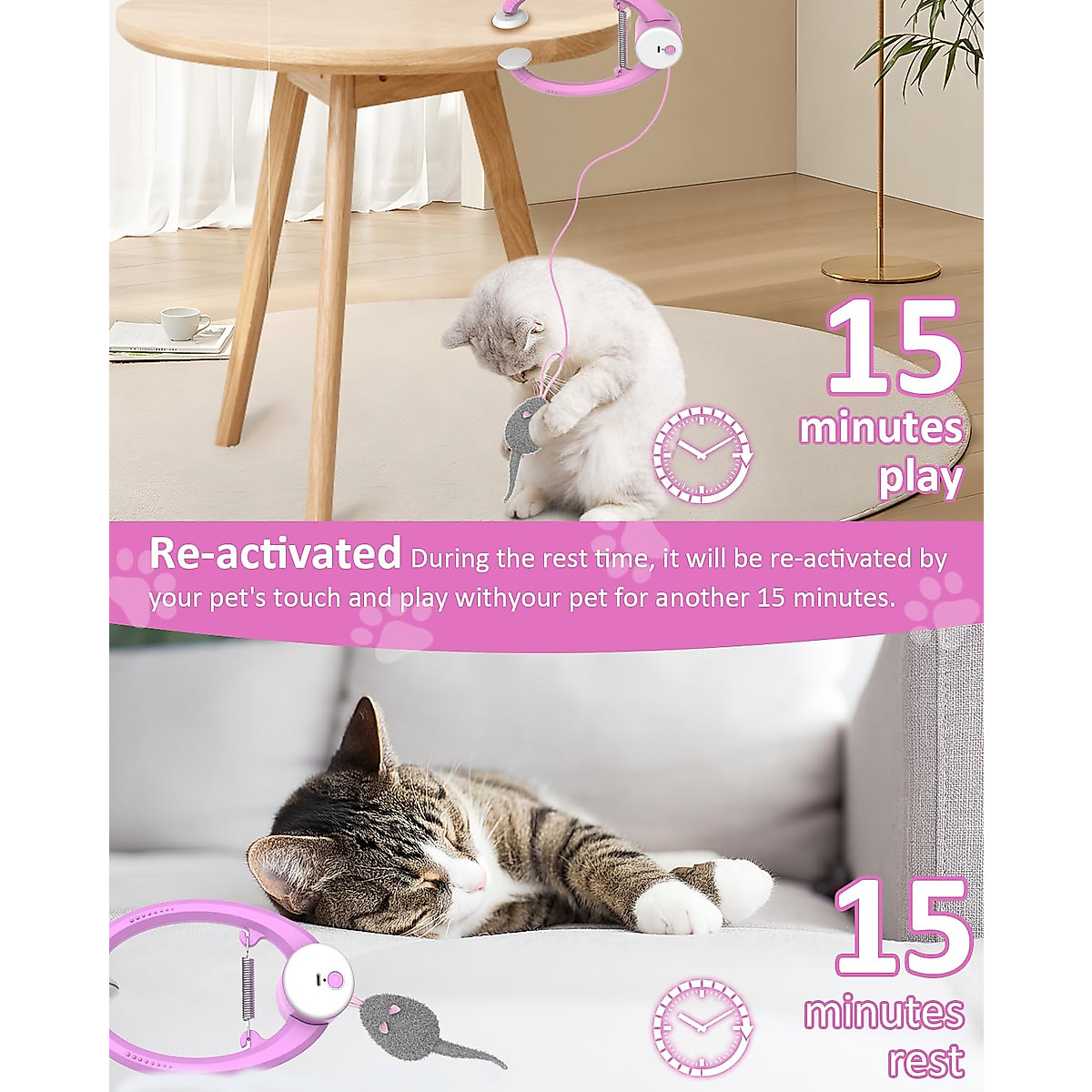Cat Toys, Hanging Automatic Interactive Cat Toy, Colorful Bouncing Mice, Extra Long Elastic Rope, Motion Activated Rechargeable Cat Feathers Toys, Interactive Cat Toys for Indoor Cats/Kittens
