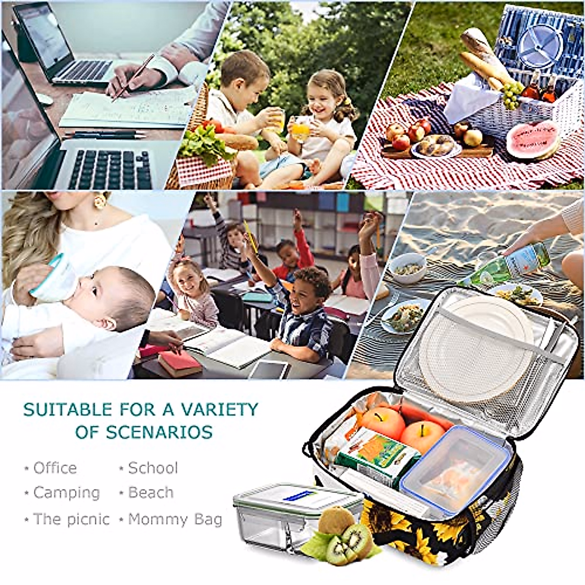 Glaphy Sunflower Cow Print Lunch Bag Insulated Lunch Box Cooler Cooling Tote Food Container for Adults Men Women