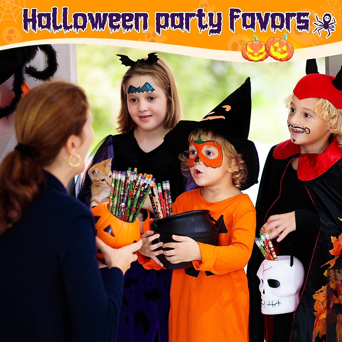 100 Pcs Halloween Pencil Assortment with Eraser, Colorful Wood Pencils in Halloween Design, Halloween Party Favors for Kids, Trick or Treat, Halloween Goodies Bags Filler, Game Prizes Classroom Reward
