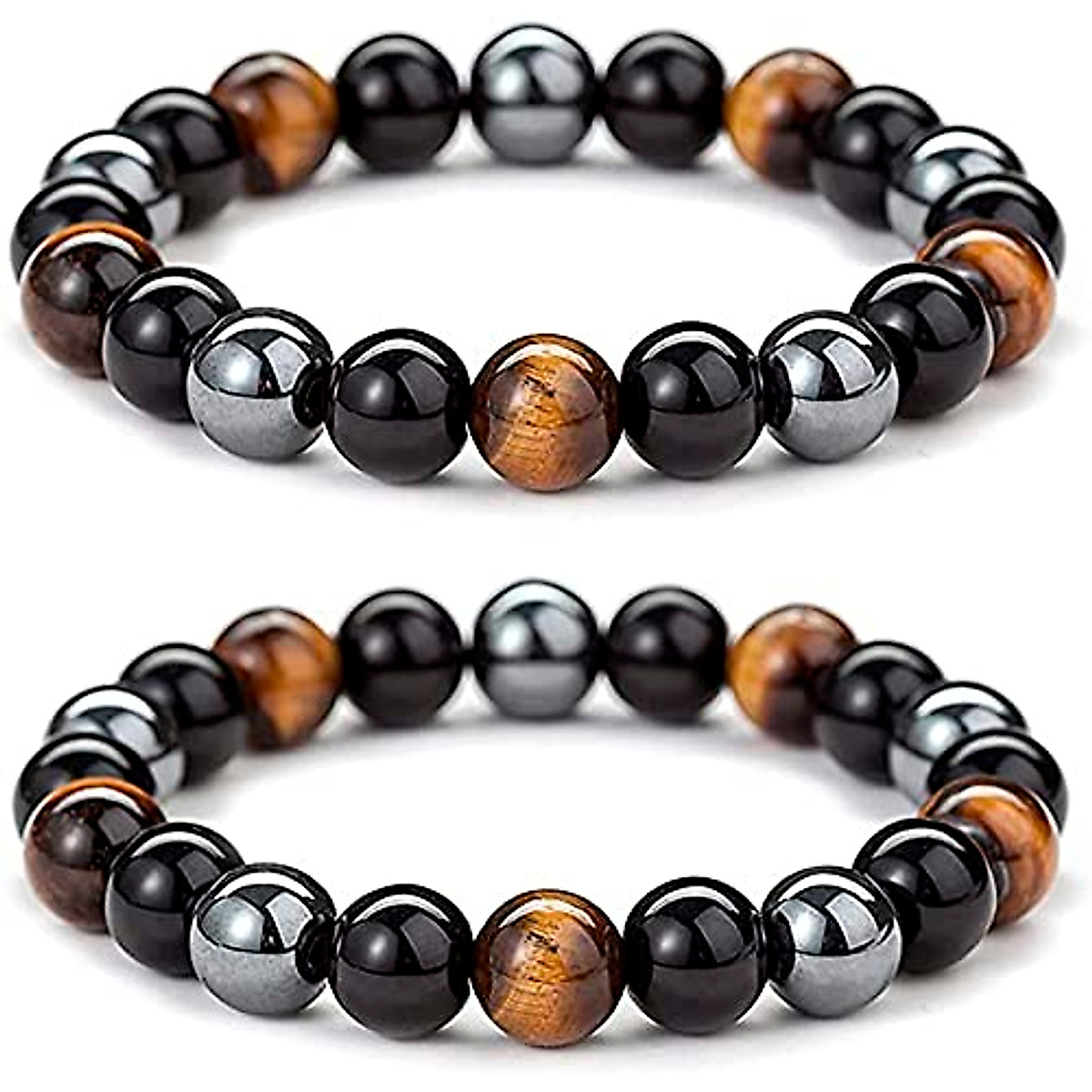 WFJ Black Obsidian Hematite Triple Protection Bracelet Tiger Eye Beads Bracelets for Men and women（10MM）, Set of 2 black,gray 19cm