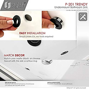 STYLISH 18 1/4 inch Ceramic Porcelain Rectangular Undermount Bathroom Sink with Polished Chrome and Matte Black Overflow, P-201 (White with Chrome and Matte Black Overflow)
