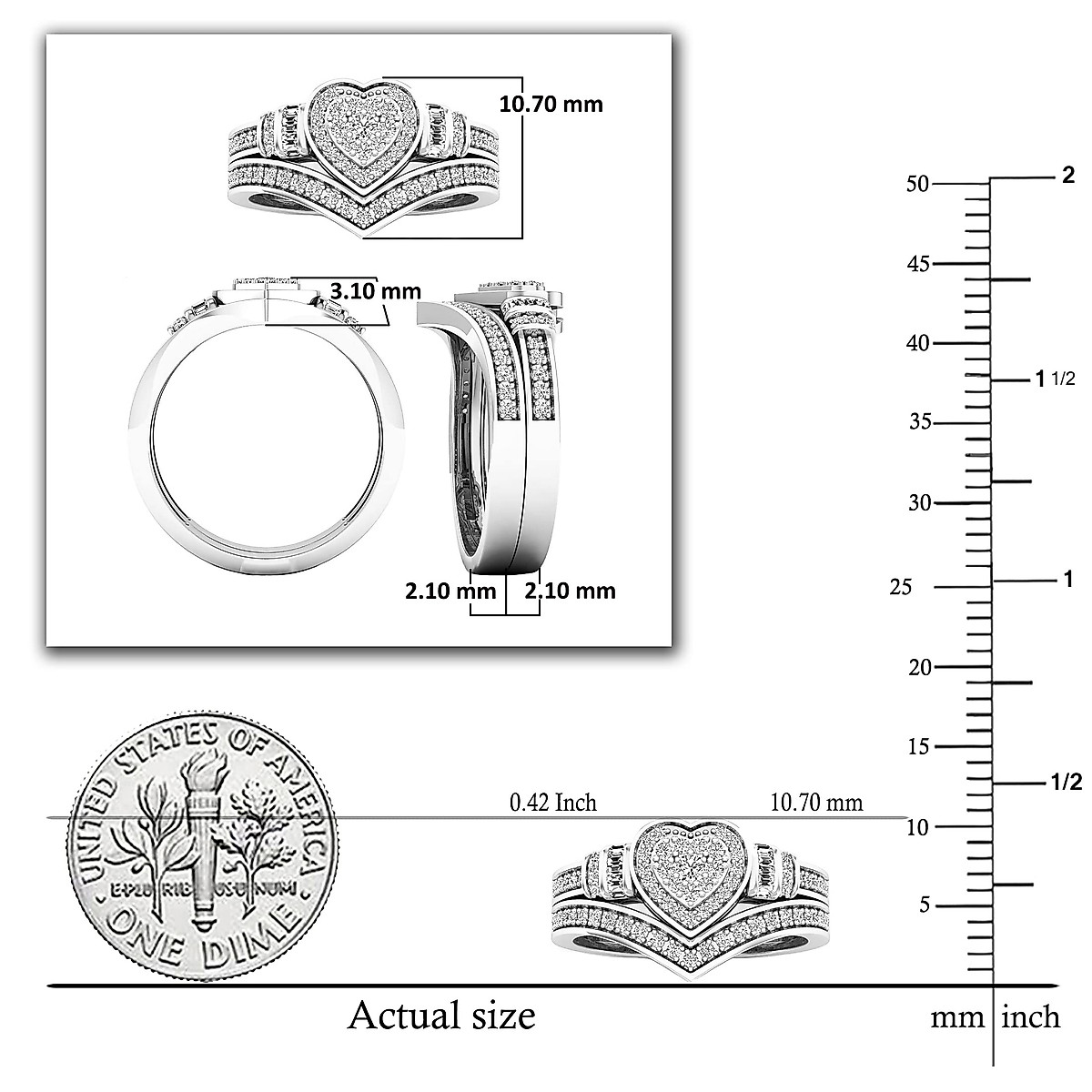 Dazzlingrock Collection 0.30 Carat Round & Baguette Diamond Heart Shaped Engagement Ring Set in 925 Sterling Silver Size 8