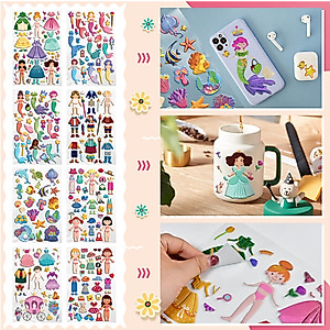 Kids Puffy Stickers - 3D Reusable Stickers Activity Pad with Pop Up Castle, 320+ Stickers with 3 Scenes, Dress-up Princess, Mermaid, Fashion Show. Travel Toys for Kids, Fold and Go Sticker Pad.