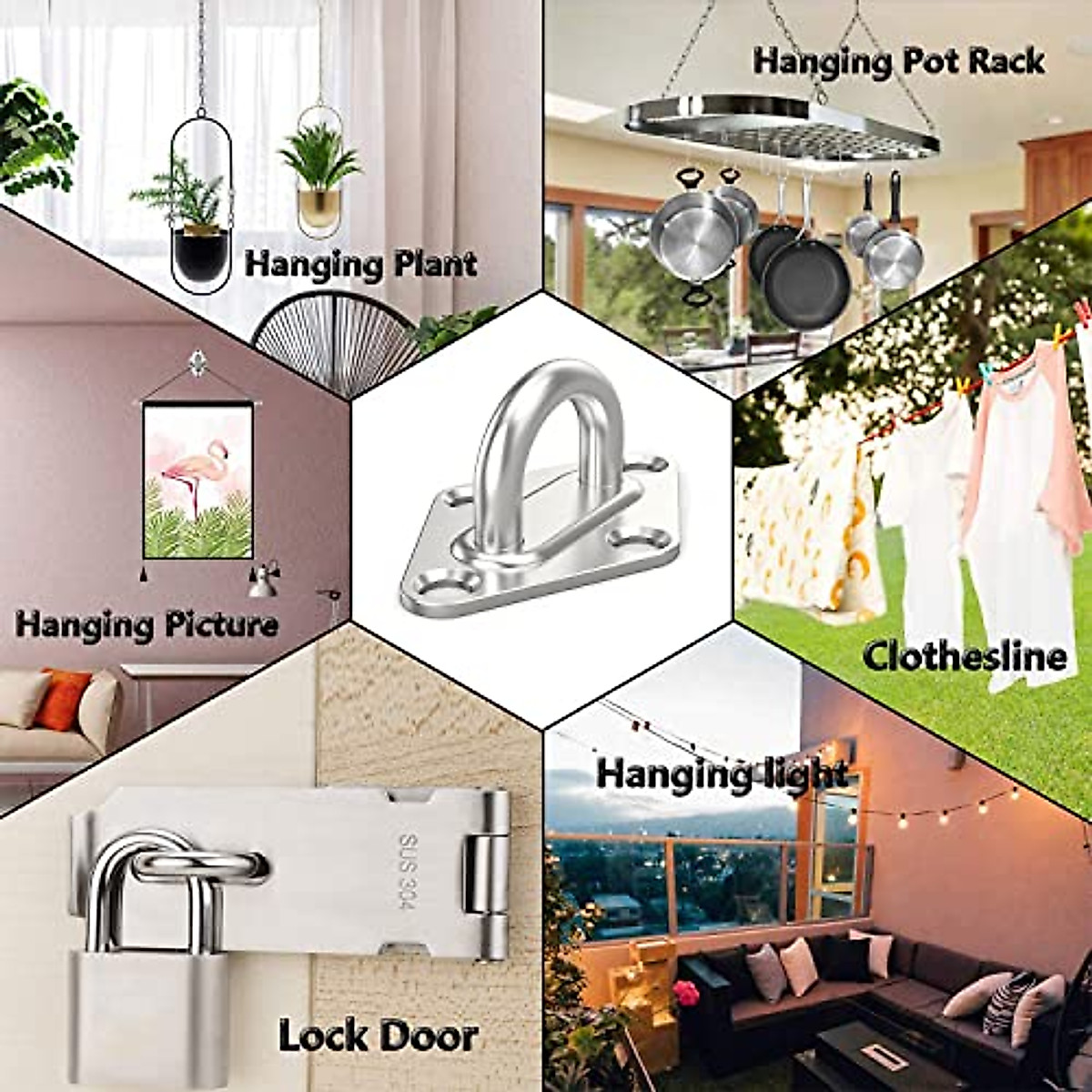 4 Pcs 2.3 Inch 304 Stainless Steel Pad Eye Plate Hook with Screws for Suspension, Ceiling Hooks, Marine Application Hook