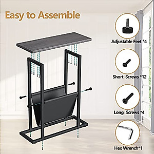 Yusong Small Narrow Side Table for Small Spaces, Slim End Table Magazine Table Nightstand with Storage Holder, Accent Skinny Snack Couch Bedside Table, Grey