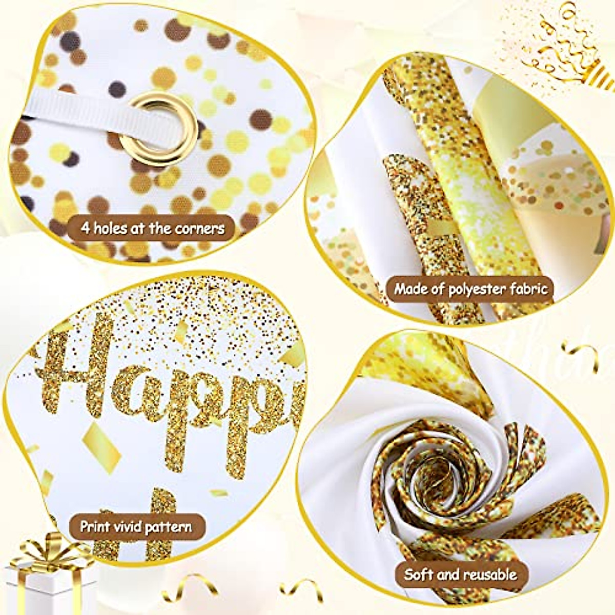 Gold White Birthday Party Decorations Banner, Gold and White Happy Birthday Backdrop Banner, Large Gold White Birthday Banner Photography Background Party Decoration for Women Men Girls 70.8x43.3Inch