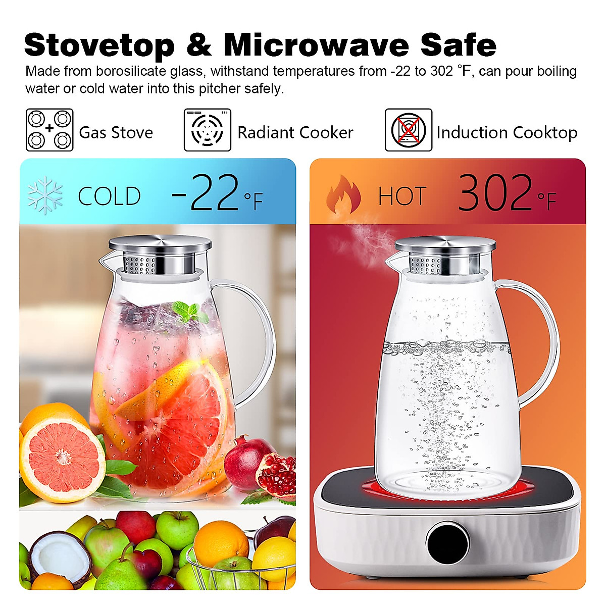 Glass Pitcher with Lid 68oz Water Jug Pitcher Stainless Steel Iced Tea Carafe Pitcher Drip-Free Heat Resistant Borosilicate Glass for Juice Milk Coffee Wine Cold & Hot Beverage with Beverage Stirrer