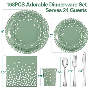 Gudvilla Sage Green Paper Plates-168pcs Sage Green Plates Disposable Party Supplies Serve 24 for Sage Green and Silver Birthday Wedding Baby Shower Party Decorations