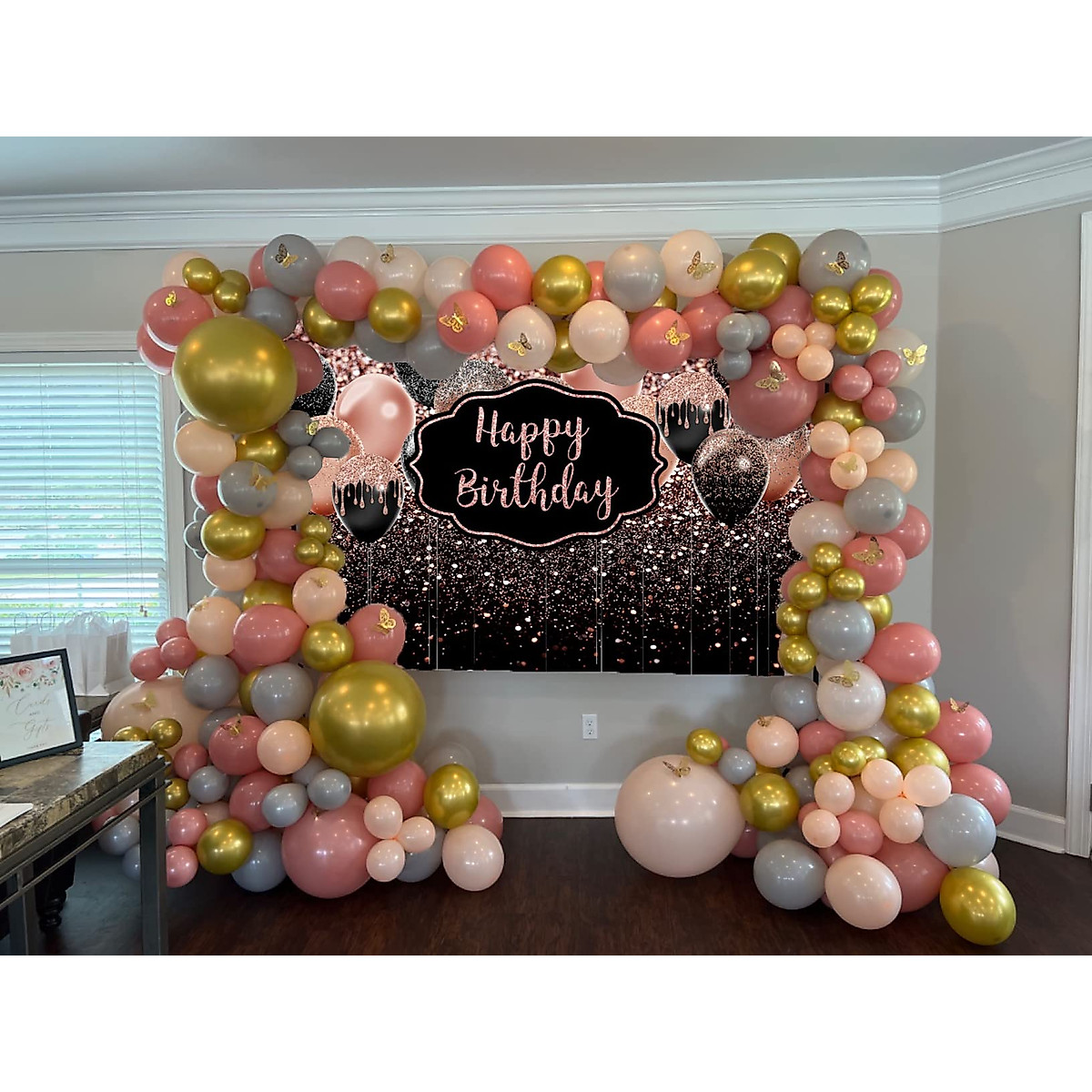Pink Rose Gold Birthday Backdrop for Women Girls 18th 20th 30th 40th 50th 60th 70th Happy Birthday Background Black and Pink Glitter Balloon Birthday Party Photo Backdrop Banner 8x6ft