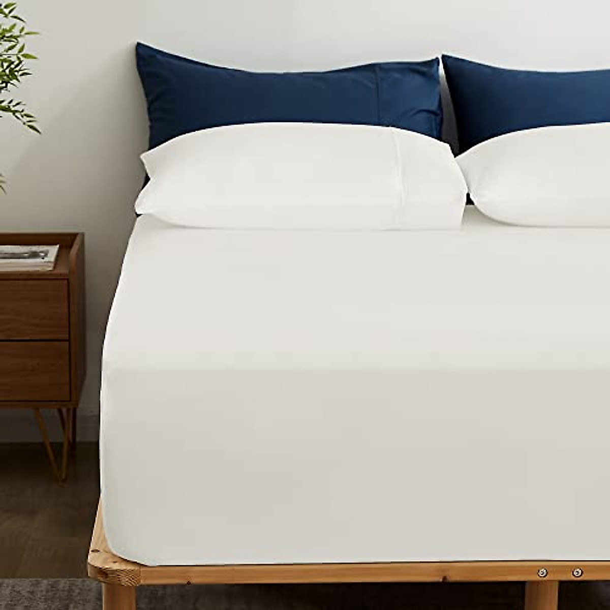 GOKOTTA Fitted Sheet Only - 16 Inch Pocket Bamboo Fitted Sheet, Super Soft and Cooling Bottom Sheet with 4 Elastic Corner Straps(Cream White, California King)