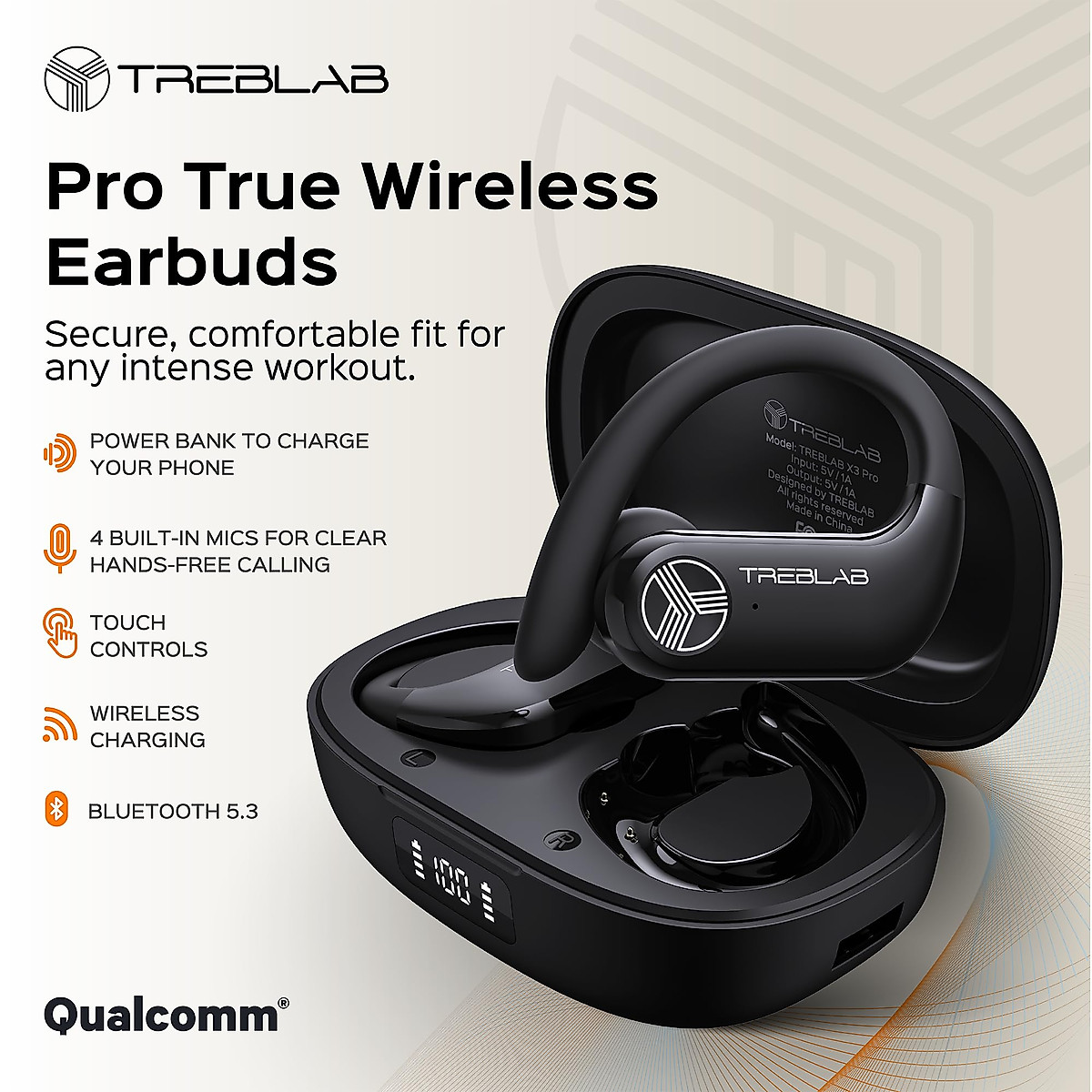 TREBLAB X3-Pro - Wireless Earbuds with Earhooks-45H Playtime, aptX, IPX7 Waterproof Earphones for Running & Workout-Sport Bluetooth Headphones with Charging case-Built-in Microphone- Black (Renewed)