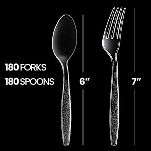 Clear Plastic Cutlery Set - (Bulk Pack 360 Pcs) Disposable Plastic Utensils Heavy Duty, 180 Plastic Forks and 180 Spoons, Silverware Sets for Party Supplies, Dinners, Take-Out, Catering, Food Services