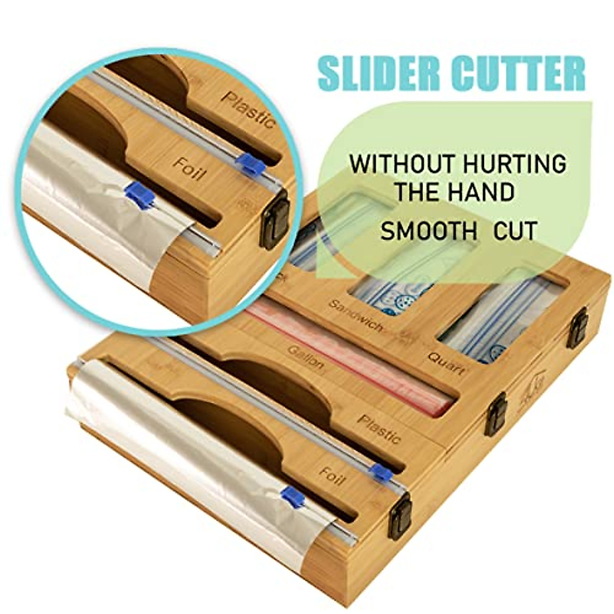 4UKIT Ziplock Bag Storage Organizer Bamboo 6 in 1- Plastic Wrap and Foil (12,4" Roll) Dispenser with Cutter-Suitable for Snack, Gallon, Quart & Sandwich Bag- Kitchen,Pantry,Cabinet,Drawer Organizer