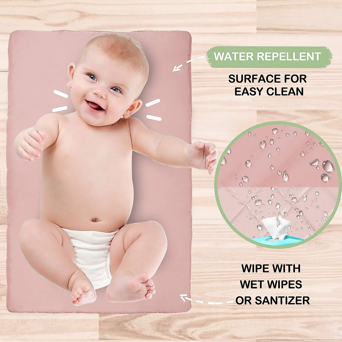 Portable Travel Baby Changing Pad, Soft Large Quilted Padded Foldable Wipeable Waterproof Changing Mats, for Infant Newborn & Toddlers Home Travel Outside (Dusty Pink)