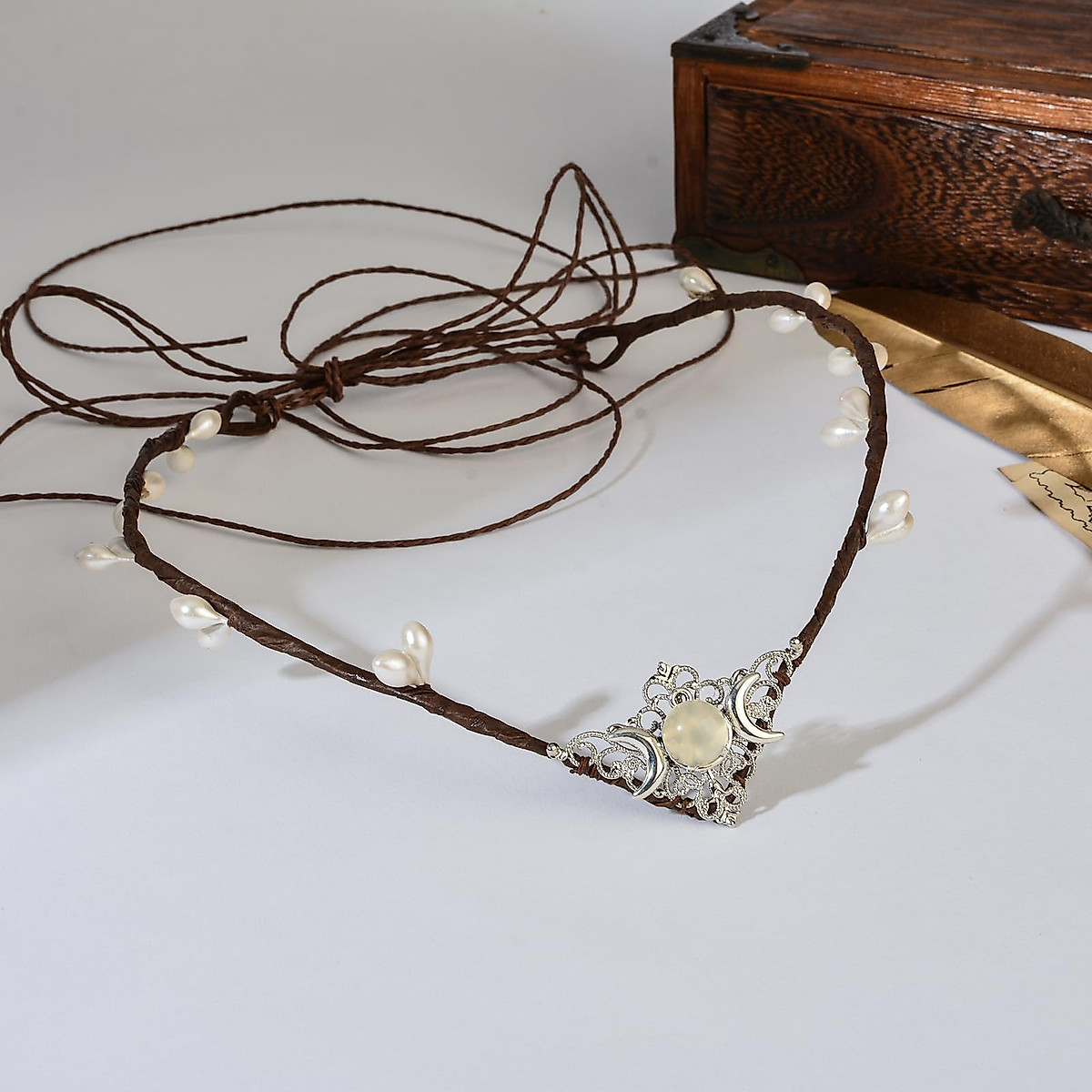 Merroyal Moon Rhinestones Headband Fairy Crown Woodland Circlet Fair Headpiece with 2 Pairs Latex Elf Ear for Women Girls（Moon Sliver and White ）